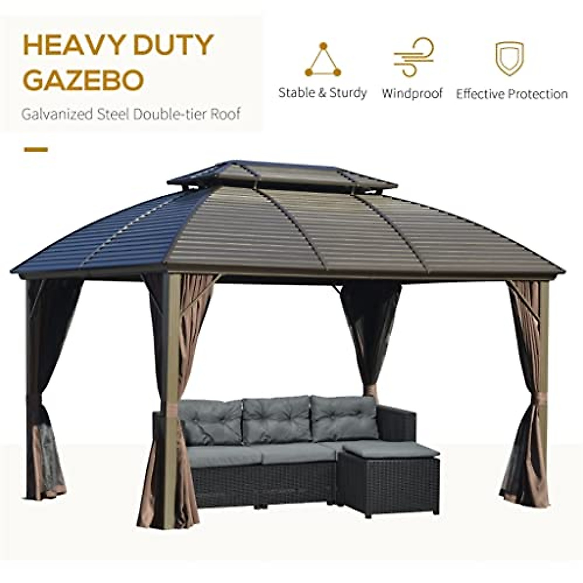 ADUH 10x12 Hardtop Gazebo with Aluminum Frame, Metal Roof Gazebo Canopy with Curtains and Netting for Gardens, Patios