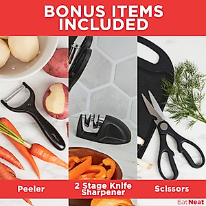 EatNeat Kitchen Knife Set with Cutting Board - EatNeat 5-Pack of Glass Food Storage Containers with Airtight Snap Locking Lids to Keep Food Fresh