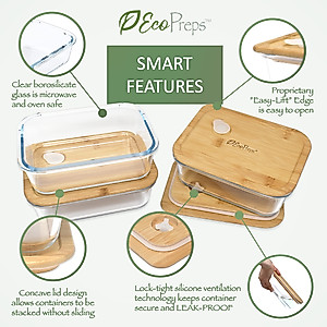 EcoPreps Glass Meal Prep Containers with Bamboo Lids [3 Pack] 100% Plastic Free, Eco-Friendly Glass Lunch Containers, Bamboo Lid Storage Containers, Oven & Microwave Safe Glass Food Storage Containers