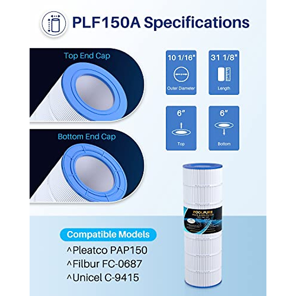 POOLPURE PLF150A Pool Filter Replaces Pentair CC150, CCRP150, PAP150, Ultral-C4, PP-C4, PP-C4-M, Unicel C-9415, R173216, 59054300, Filbur FC-0687, 160317, 160355, 160352, L x OD: 31 1/8" x10 1/16"