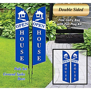 BannerBuzz Blade Flag “Open House”, 2' X 7.58' | 13' ft Long Graphic with Hardware Includes Aluminum Flag Pole & Ground Spike Base (Double Side Print)