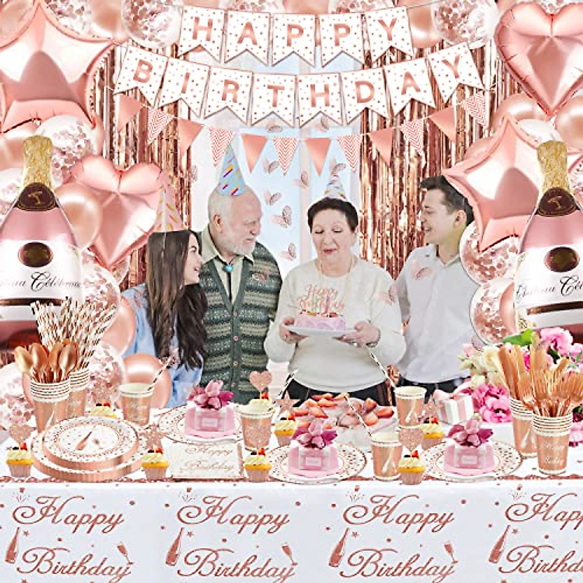 265 PCS White Rose Gold Party Supplies Rose Gold & White Party Decorations Girls Birthday Decorations Dinnerware Set Rose Gold Birthday Plates Cup Napkin Banner Tablecloth Balloon garland kit Serve 20
