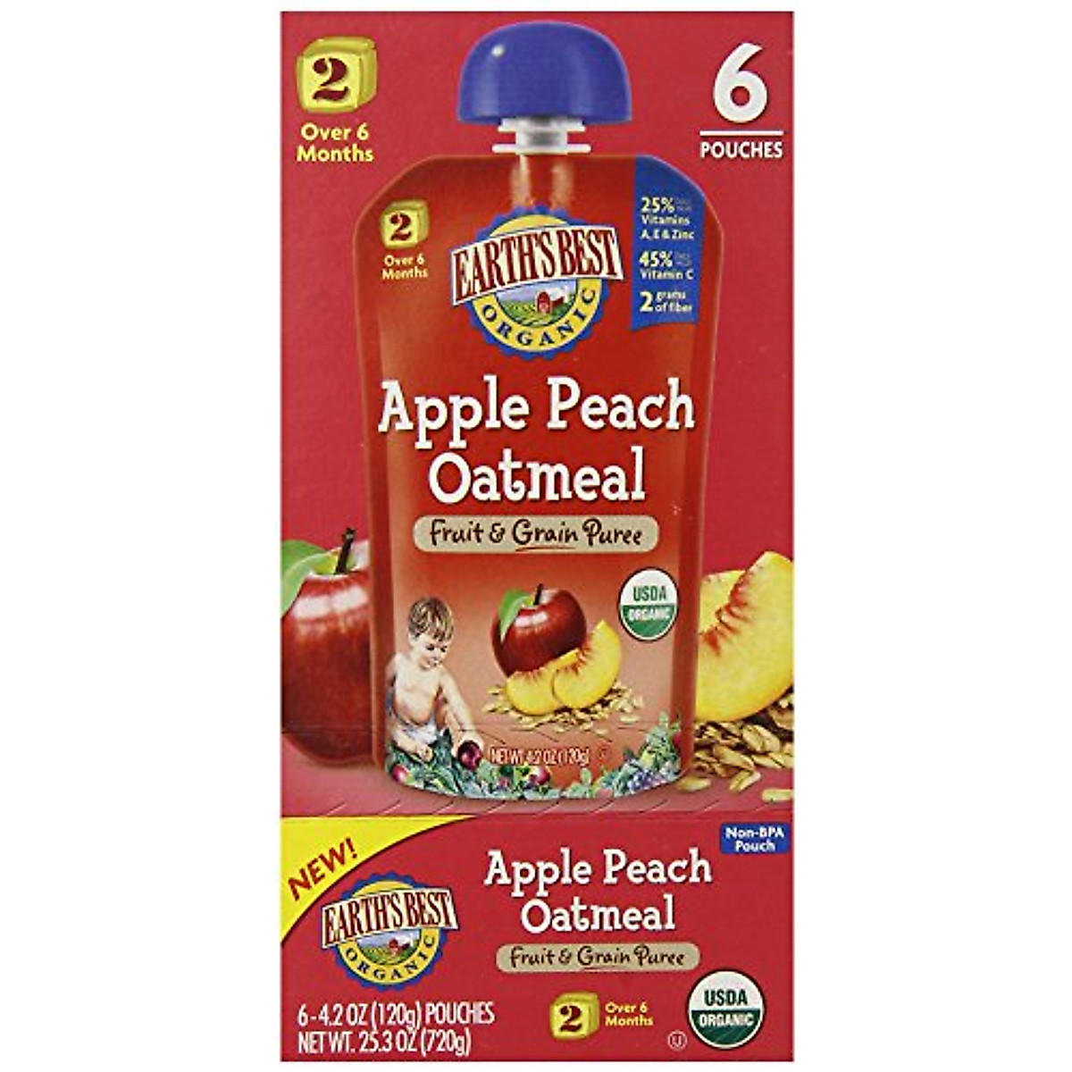 Earth's Best Organic Stage 2, Apple, Peach & Oatmeal, 4.2 Ounce Pouch (Pack of 6)