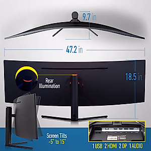Deco Gear 49" Curved Ultrawide 5K Gaming Monitor, 32:9, 120 Hz, 101% NTSC 100% sRGB, Adjustable, Home Office and Entertainment Workstation