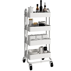 MIOCASA 4-Tier Metal Utility Rolling Cart, Heavy Duty Multifunction Cart with Lockable Casters, Easy to Assemble, Suitable for Office, Bathroom, Kitchen, Garden (White)