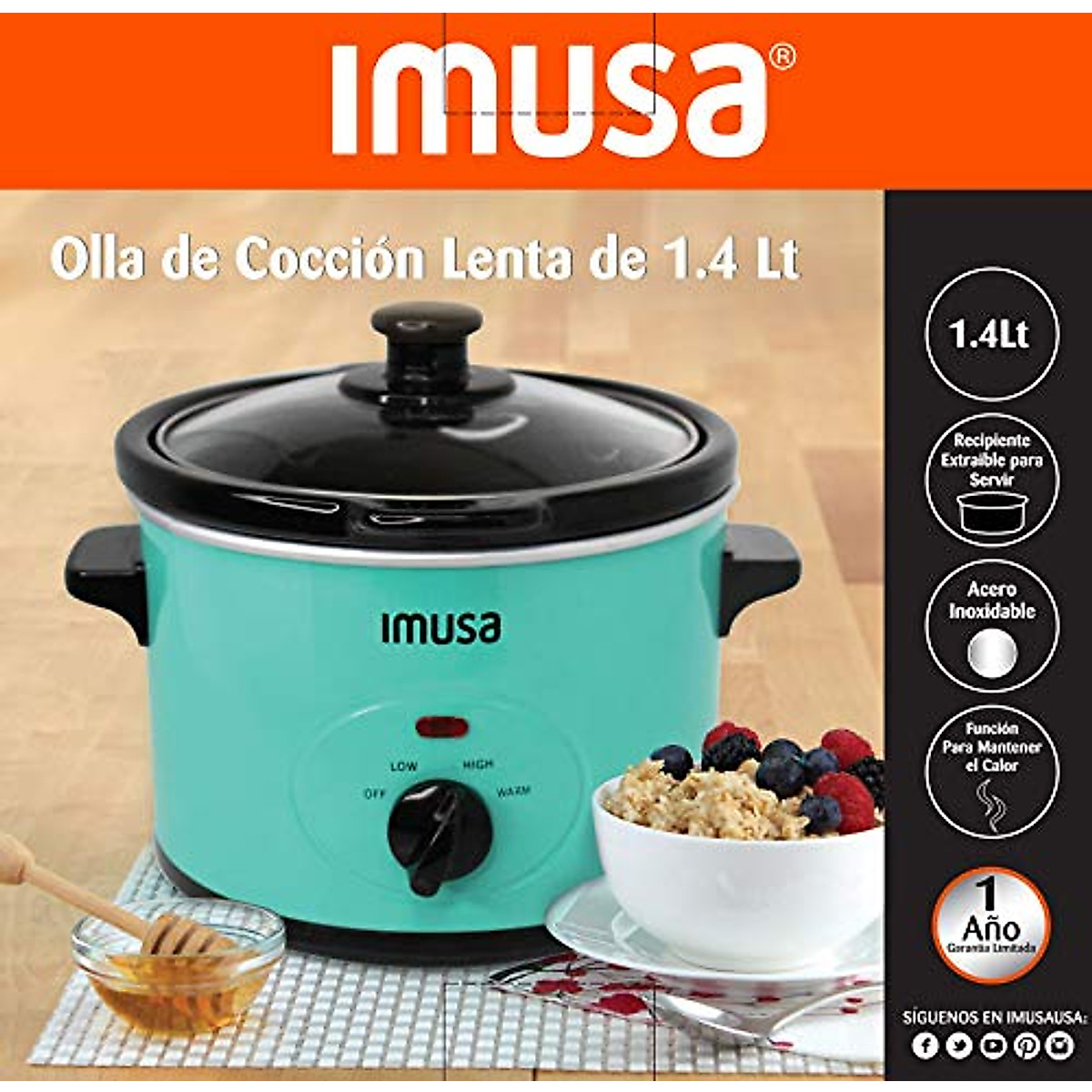 IMUSA USA GAU-80113T 1.5 Quart Teal Slow Cooker with Glass Lid