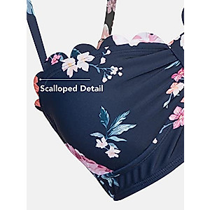 CUPSHE Bikini Set for Women Bathing Suit Scalloped Low Waisted Spaghetti Straps Crisscross Back Hook Kont, XL Navy Floral