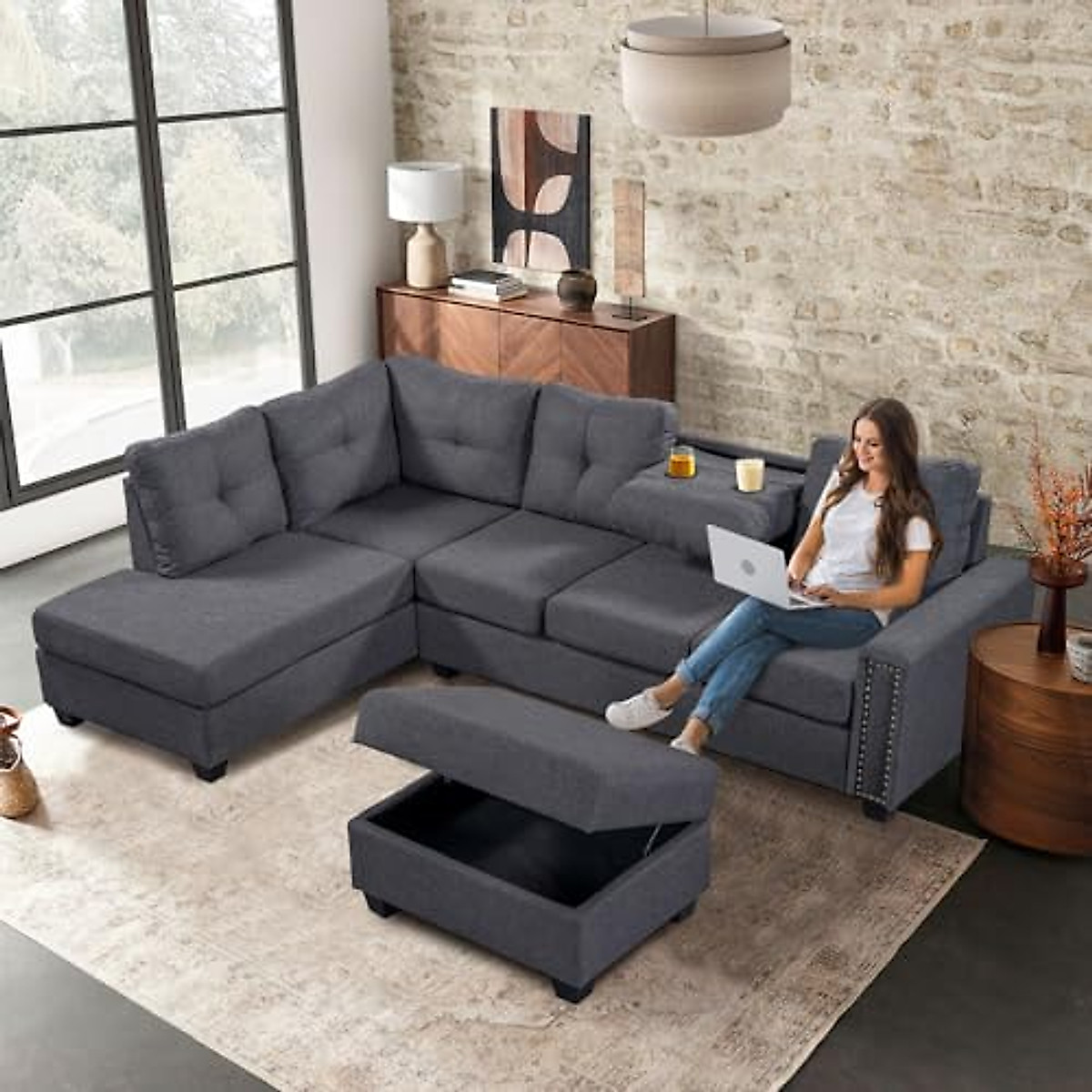 UBGO Living Room Furniture Sets,108" Reversible Sectional, L-shape Couch with Ottoman&Extra Wide Chaise Longue,Upholstered Modular Sofa with Two Cup Holders,for Large Space Apartments-Gray, Grey D