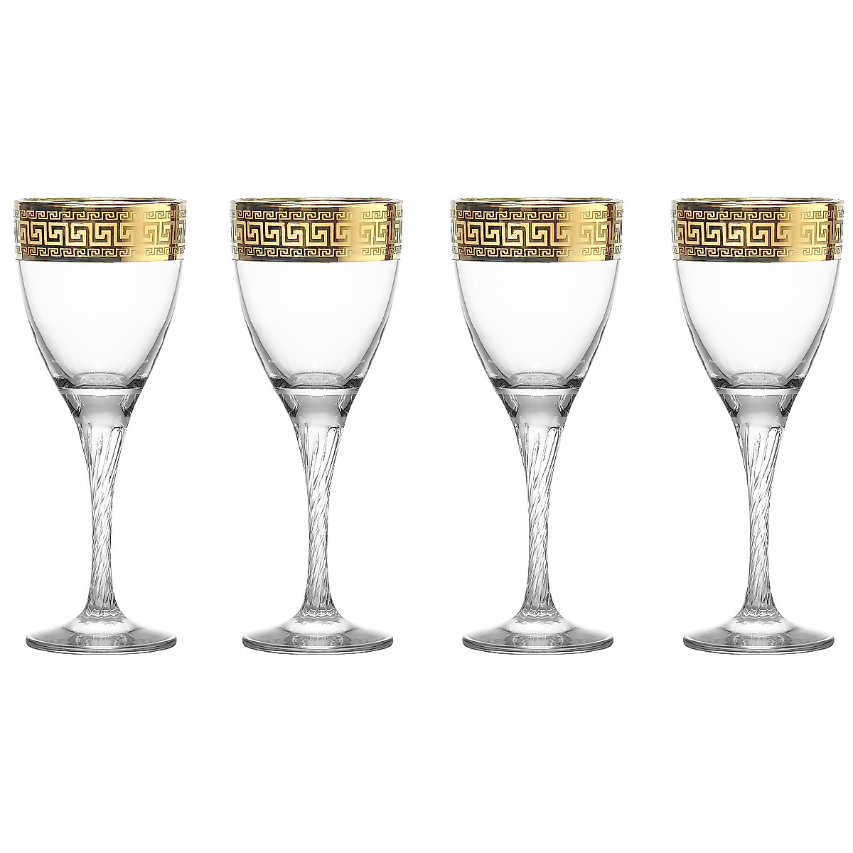 Red Co. Set of 4 Decorated Clear Glass 7 Fl Oz Stemmed Wine Glasses with Golden Greek Key Trim