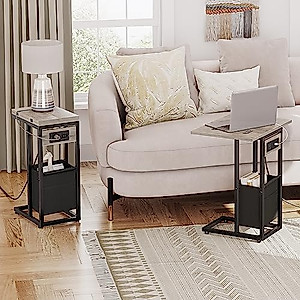 HOOBRO C Shaped Side Table with Charging Station, Foldable End Table with Fabric Bag, Sofa Table Coffee Table Snack Table for Couch Small Space Living Room, Bedroom, Greige and Black BG30USF01