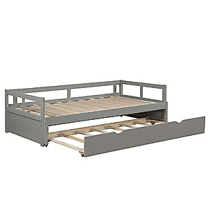 Wood Daybed with Trundle, Twin to King Design Sofa Bed, Modern Multi-Function Extendable Trundle Daybed Frame for Bedroom, Living Room (Gray)