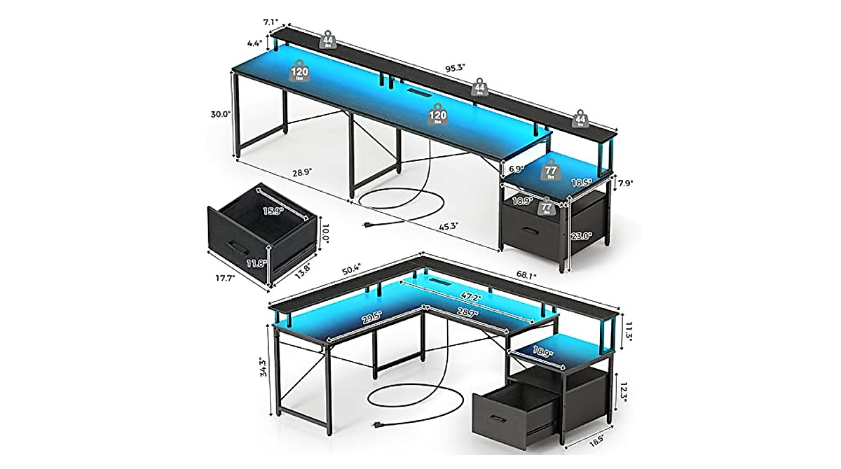 Rolanstar 68" L Shaped Computer Desk with LED & File Drawer