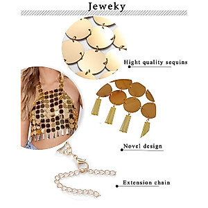 Jeweky Boho Sequins Bra Chain Gold Crop Top Body Chains Backless Beach Nightclub Rave Body Accessories Jewelry for Women and Girls