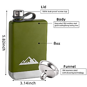 KWANITHINK Flask for Liquor for Men, 8oz Stainless Steel Hip Flask with Funnel, Whiskey Flask with Integrated Steel Cap for Outdoor Camping Hiking Climbing, Father's Day Gift for Men (Green)