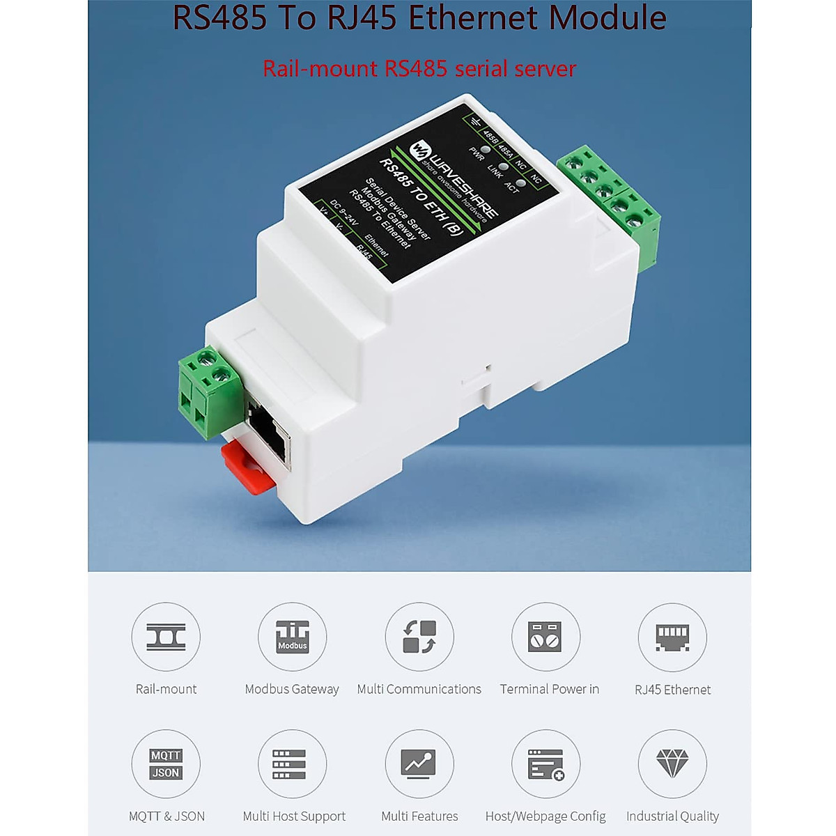 waveshare Ethernet Industrial Serial Server RS485 to RJ45 Ethernet Module, TCP/IP to Serial, Support Rail-Mount/Modbus Gateway, TCP Server/TCP Client/UDP Mode/UDP Multicast Multi Communication Modes