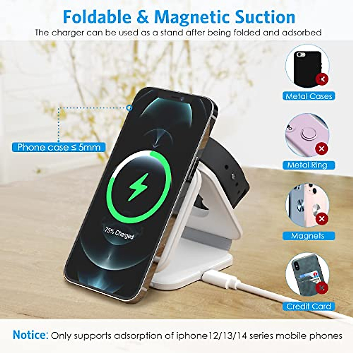 Criacr 3 in 1 Magnetic Foldable Wireless Charger, Wireless Charging Station for Travel, Compatible with iPhone 14/Pro/Max/Plus/13/12, Apple Watch, AirPods Pro