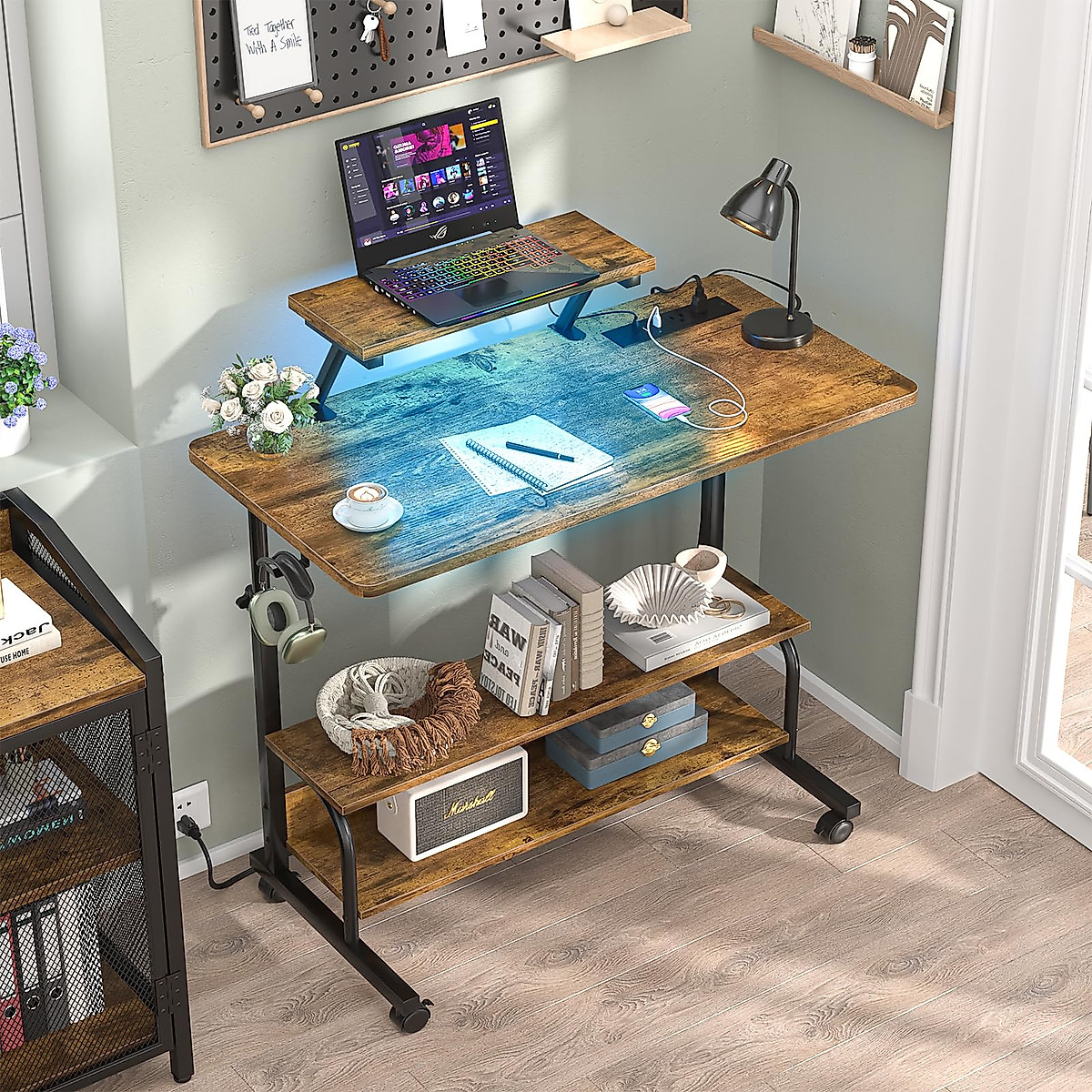 Height Adjustable Standing Desk with Power Outlets and LED Lights - 32" Manual Stand Up Desk with Monitor Stand and Storage Shelves Small Mobile Rolling Computer Desk Portable Laptop Table, Rustic