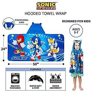 Sonic The Hedgehog, Anime, Bath/Pool/Beach Soft Cotton Terry Hooded Towel Wrap, 24 in x 50 in, By Franco Kids
