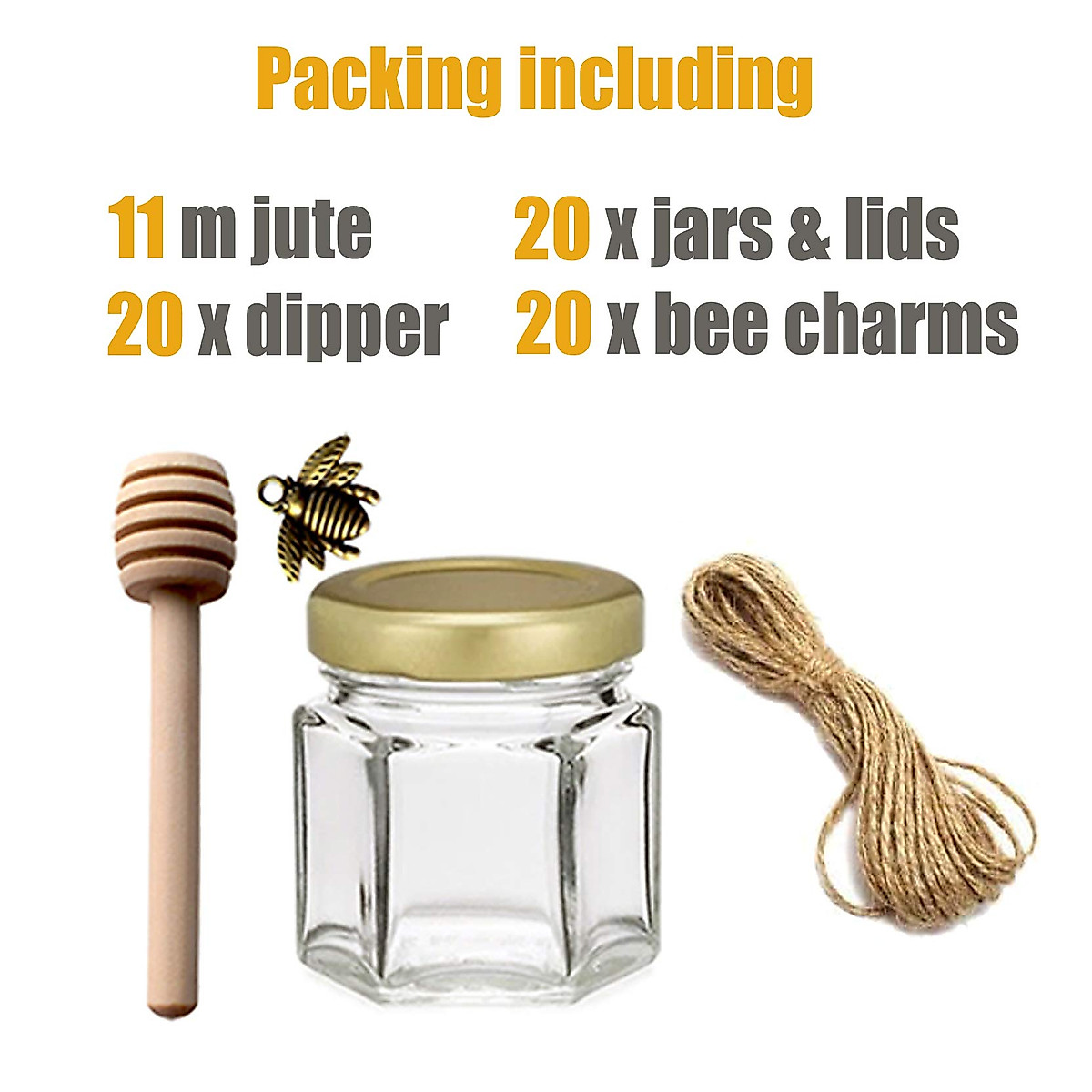 Adabocute 20 Pack Mini Honey Jars - Elegant Glass Honey Pot With Honey Dipper, Gold Lid, Bee Pendants and Jutes - Perfect For Baby Shower Favors, Wedding Favors