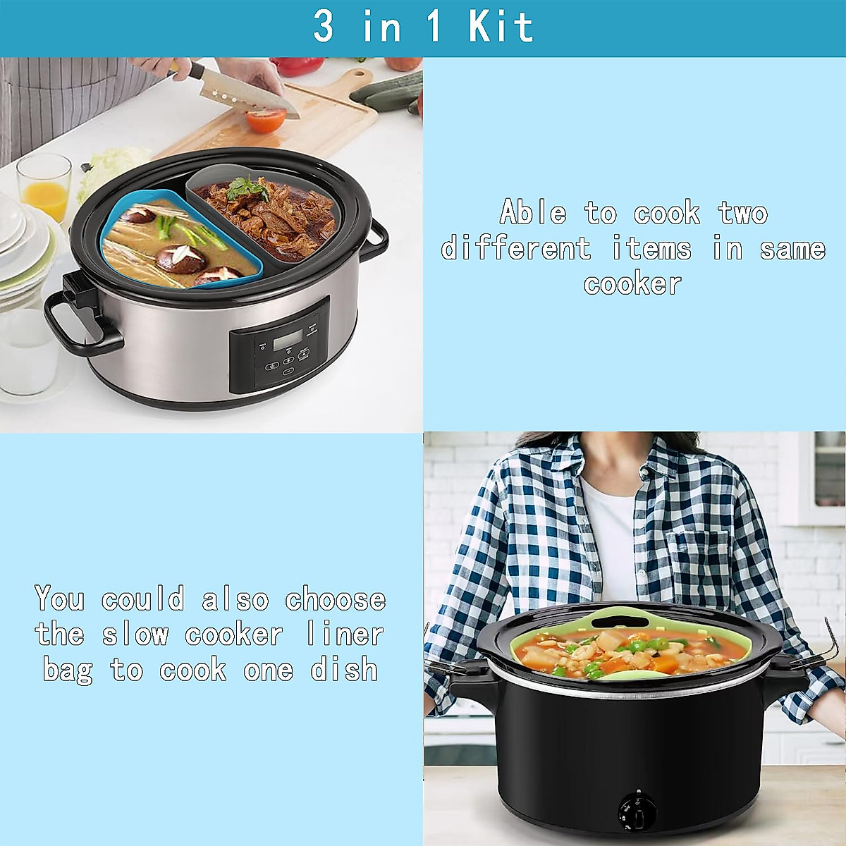 3 in 1 Kit Silicone Slow Cooker Liners, Reusable Slow Cooker Divider Insert for 6-7-8-10 QT Oval Slow Cooker, BPA Free Leak-Proof Dishwasher Safe Slow Cooking Bag Liner