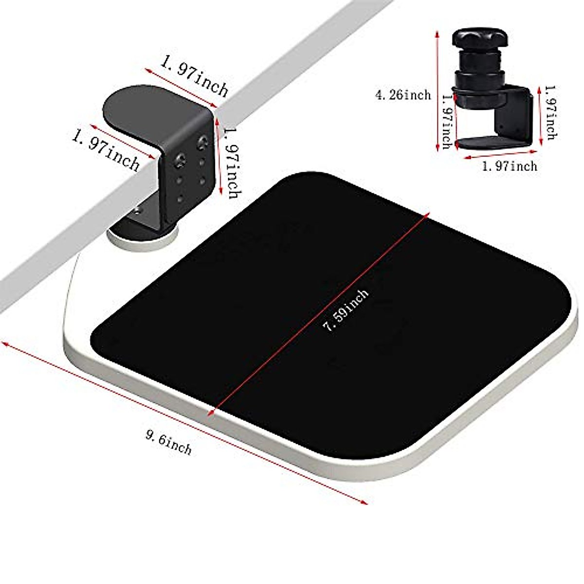 FUZADEL Mouse Platform Clamp On Under Desk Adjustable Mouse Tray Mount Swivel Mouse Tray Wrist Rest Rotating 360 Degree