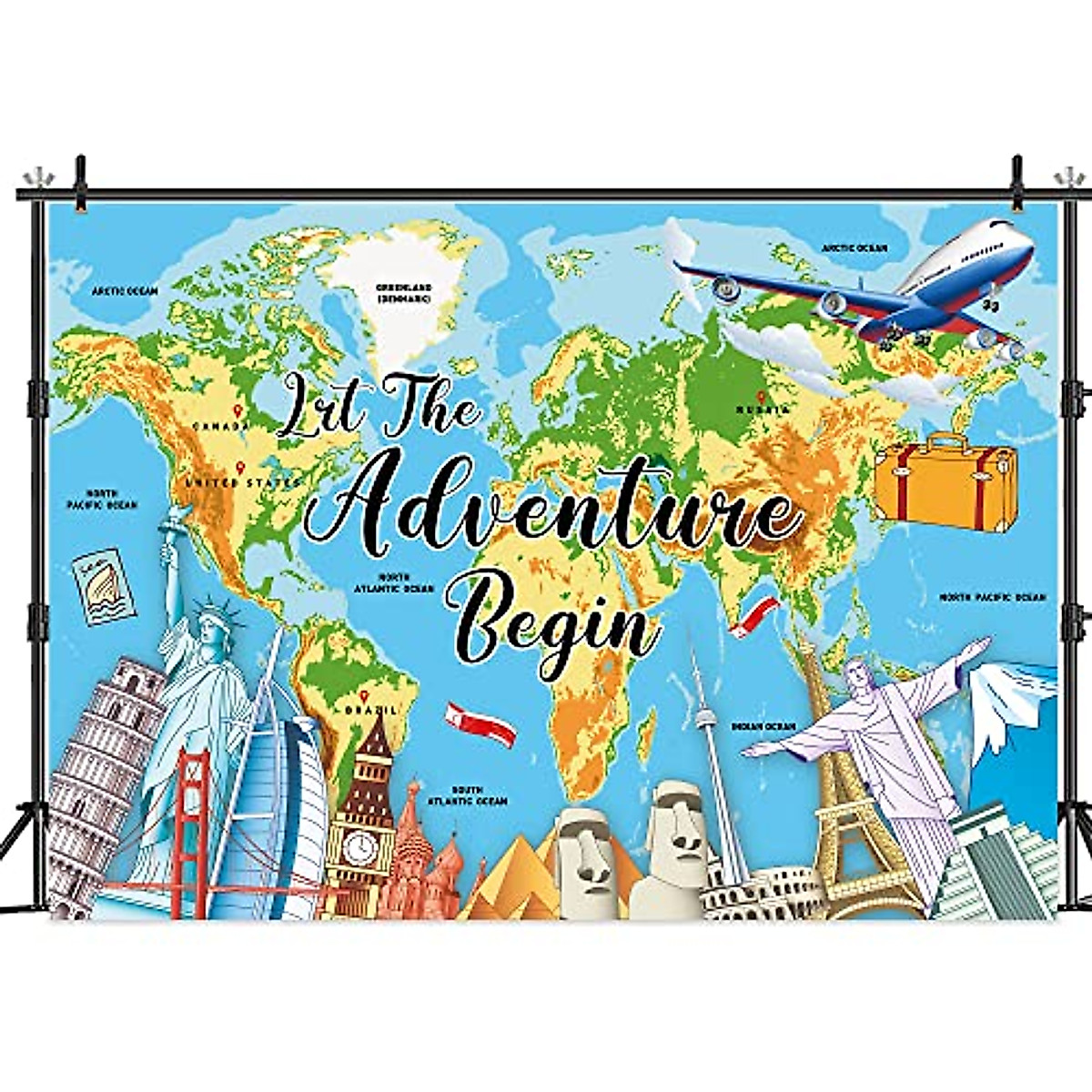 LIGHTINHOME World Map Backdrop 7Wx5H Feet Around The World Let The Adventure Begin Adventure Awaits Kids Baby Shower Graduation Going Away Photography Background Decorations Photo Booth Studio Prop