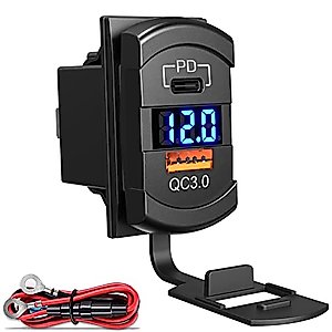 [2022 New] USB C Car Charger Socket Rocker Style Switch Replacement, Dual PD and QC3.0 12V/24V Panel Mount USB Outlet with LED Voltmeter for Boat Marine Truck Bus Off Road Vehicles RV Golf Cart, etc.