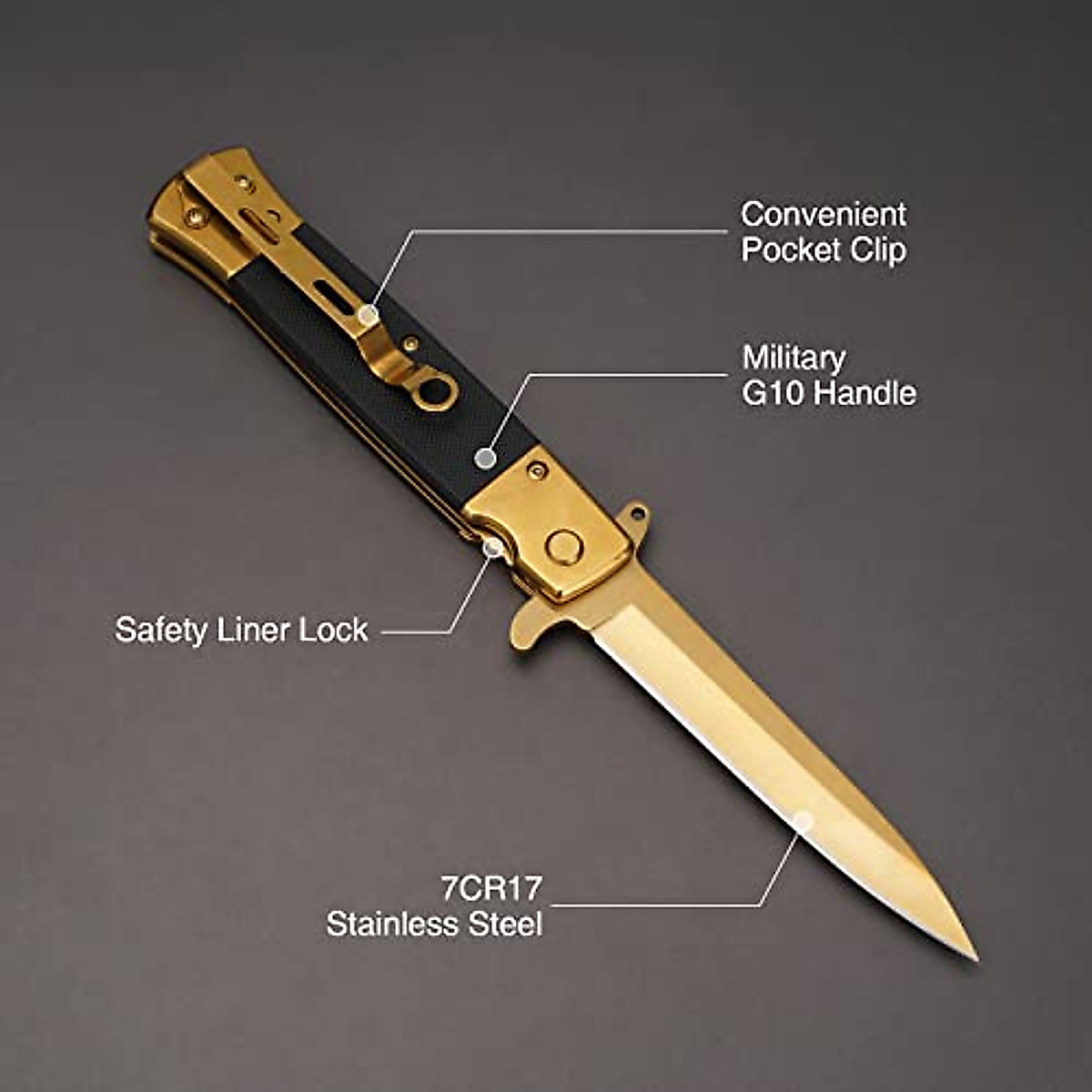 GVDV Folding Pocket Knife with G10 Handle, 7Cr17 Stainless Steel EDC Knife with Safety Liner-Lock, Camping Hunting Fishing Knife for Men Women, Gold