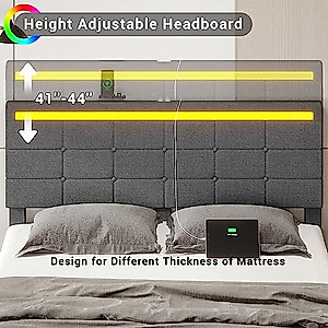 BTHFST LED Queen Bed Frame with 2 USB Charging Station,Bed Frame with Drawers,Bed Frame Queen Size with Adjustable Headboard,Queen Bed with Storage,No Box Spring Needed,Noise Free,Dark Grey