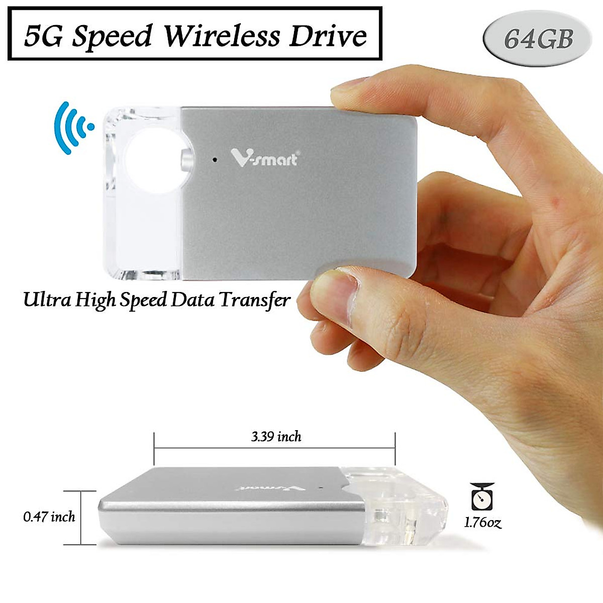V-Smart CrystalDisk 5G Wireless Transmission USB Flash Drive | Super-Fast Speed, Universal External Storage Drive for iPhone, Android, Tablets, Computers | (64GB, Silver)