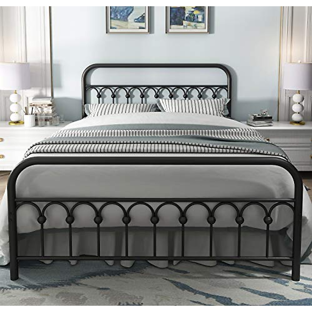 YALAXON Vintage Sturdy Queen Size Metal Bed Frame with Headboard and Footboard Basic Bed Frame No Box Spring Needed (Queen,Black)