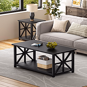GreenForest Coffee Table with Round Corner, Farmhouse Center Table with 2-Tier Storage Shelf X-Frame Design for Living Room, 39 inch Black