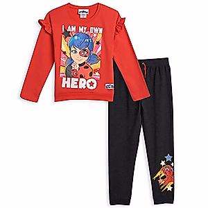 Miraculous Ladybug Big Girls Ruffled High Low T-Shirt & French Terry Pant Set 10-12 Red/Black