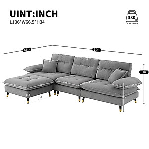 LUSPAZ L Shaped Convertible Sectional Sofa Set, Cloud Chenille Fabric 4 Seat Tufted Couch with Movable Ottoman and Two-Tone Adjust Legs,Grey