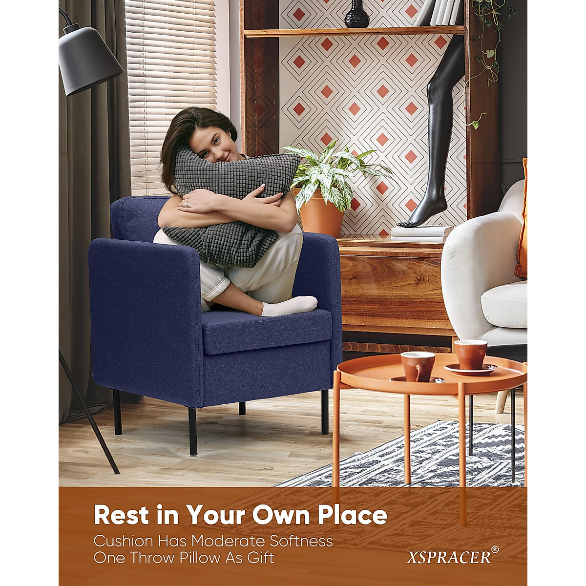 XSPRACER Accent Chairs, Comfy Sofa Chair, Armchair for Reading, Living Room, Bedroom, Waiting Room, Linen, Navy Blue