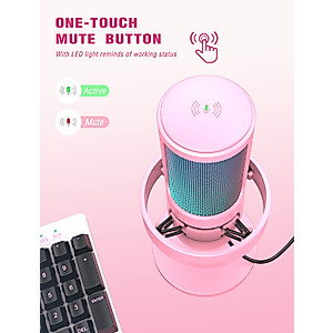 FIFINE USB Streaming Gaming Microphone, PC Condenser Desktop Mic for Video, Home use, YouTube, with RGB Control, Gain Knob, 3.5mm Headphone Jack, Shock Mount, on Computer/PS5-AmpliGame A8 Pink