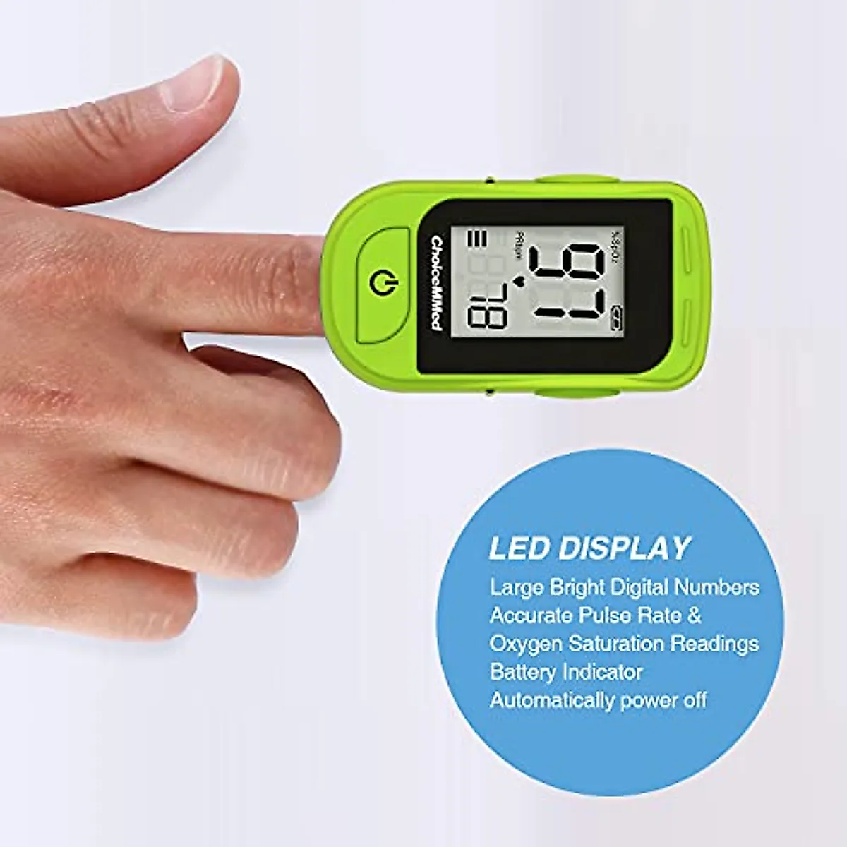 ChoiceMMed Light Green Finger Pulse Oximeter - Blood Oxygen Saturation Monitor - SPO2 Pulse Oximeter - Portable Oxygen Sensor Included Batteries - O2 Saturation Monitor Carry Pouch