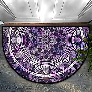 Pardick Boho Ethnic Flower Half Round Door Mat, Purple Non-Slip Half Circle Area Rug Doormat Absorbent Half Moon Rug for Indoor Outdoor Kitchen Bedroom Home Decor