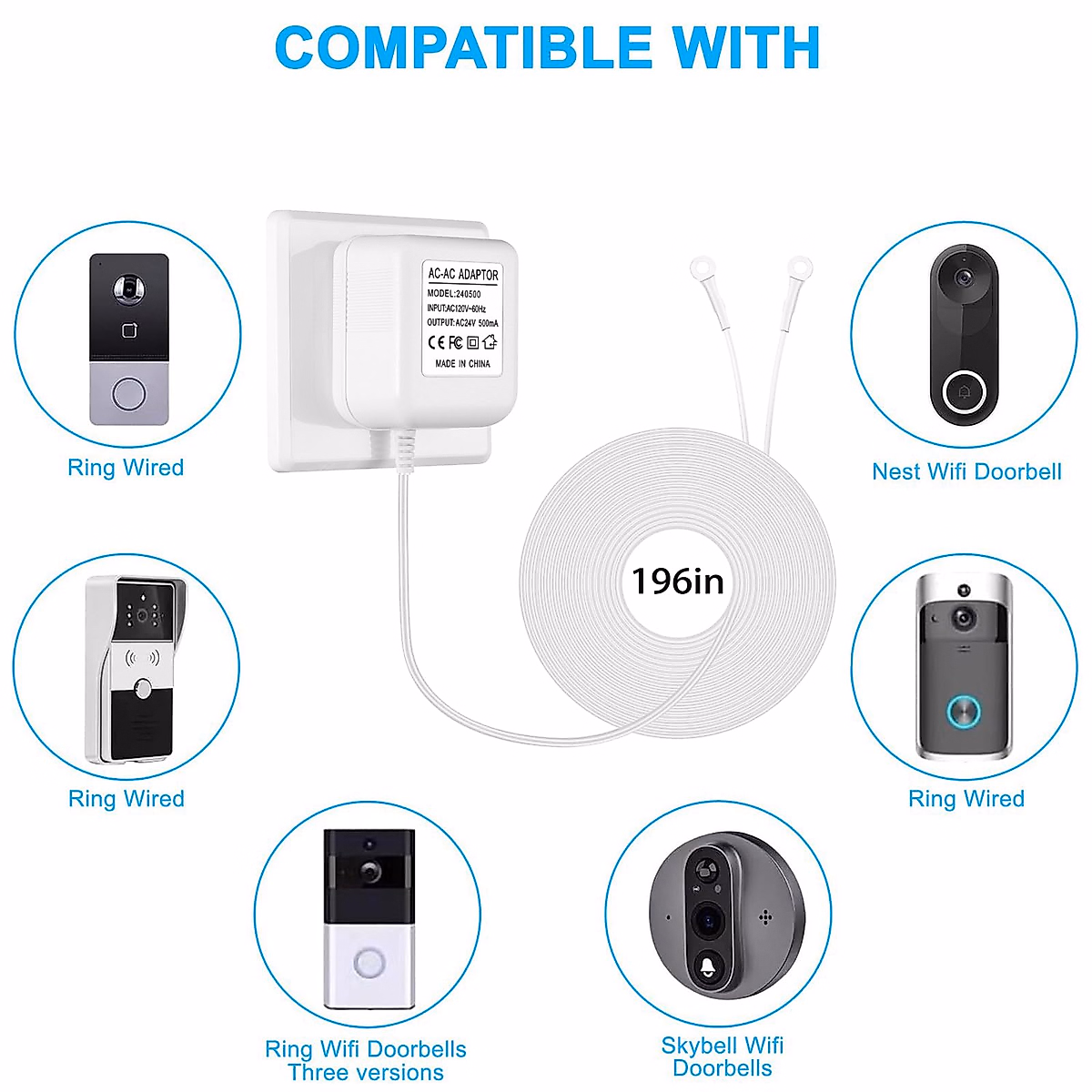 solsinsy 24V500mA Doorbell Power Adapter, 24V Transformer for Ring Doorbell,Video Doorbell,Nest, Ecobee, Sensi and Honeywell Thermostats, 24 Volt 500mA C-Wired AC Plug in Cord 16.5FT