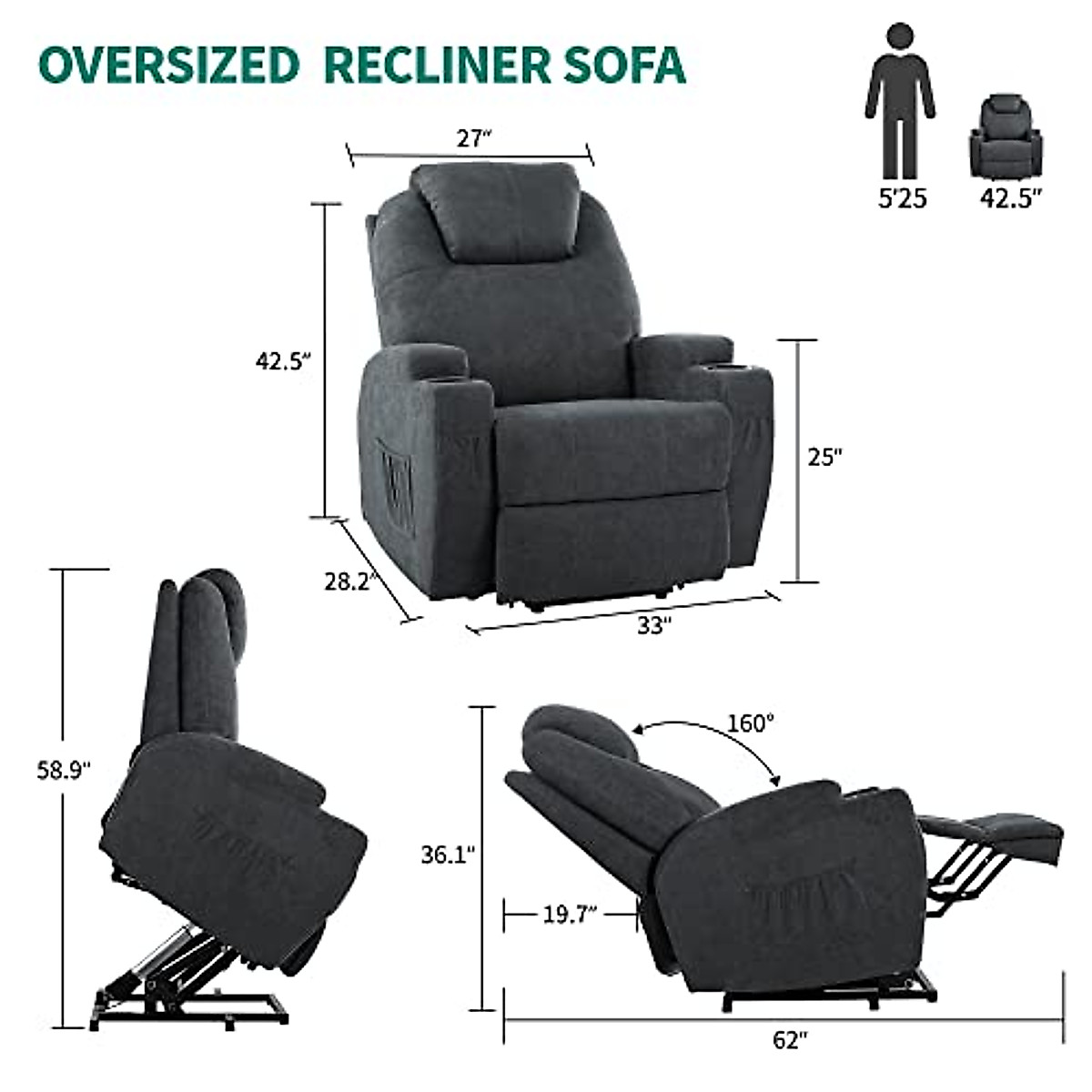 YITAHOME Power Lift Recliner Chair for Elderly, Electric Lift Chair with Heat and Massage, Fabirc Recliner Sofa with 2 Cup Holders, Side Pockets & Remote Control for Living Room,Grey