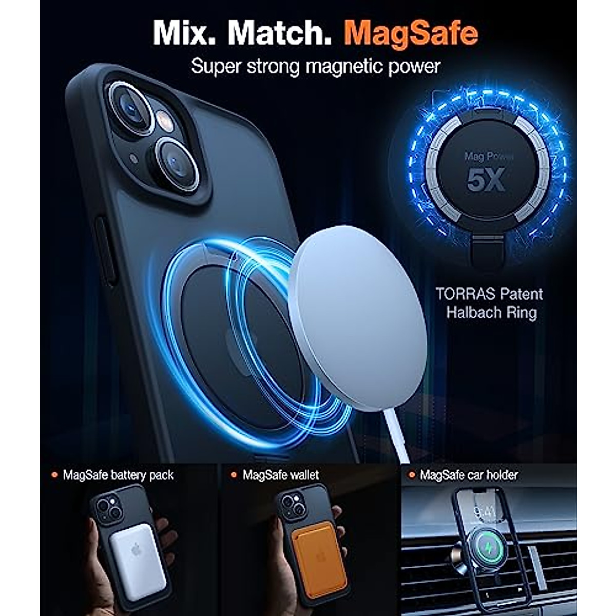 TORRAS Magnetic Shockproof for iPhone 13 Case/iPhone 14 Case, [Exceed 3X Mil-Grade Drop Protection][Compatible with MagSafe] Built-in Foldable Stand Slim Yet Protective Phone Cover, Translucent Black