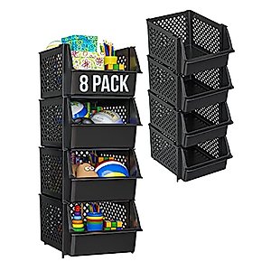 Skywin Plastic Stackable Storage Bins for Pantry - Stackable Bins For Organizing Food, Kitchen, and Bathroom Essentials (Black - 8 Pack)