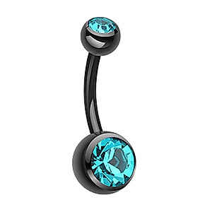 Covet Jewelry Colorline Double Gem Ball Steel Belly Button Ring (Size: 16GA, Length: 10mm, Ball Size: 4x6mm, Black/Teal)