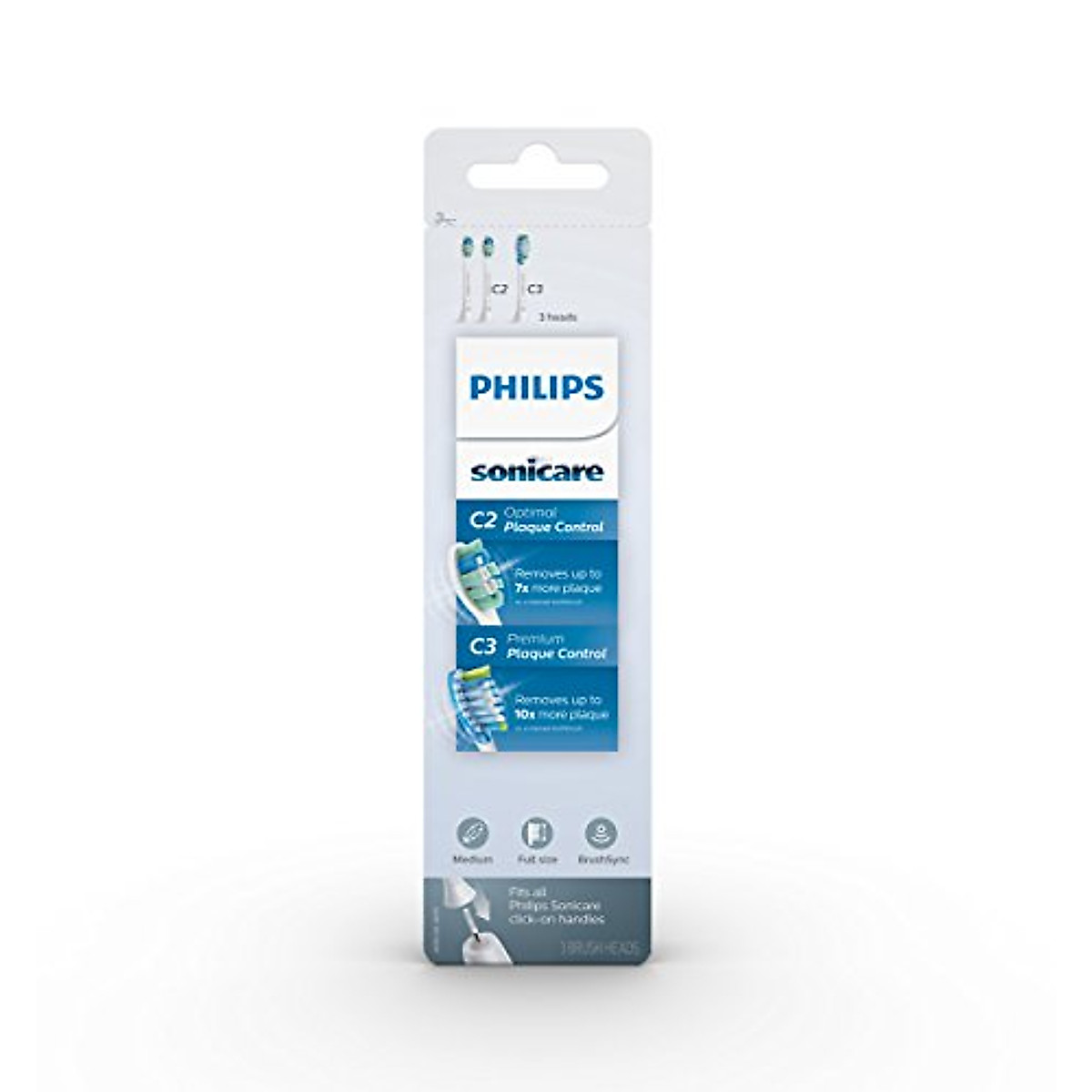 Philips Sonicare Genuine Toothbrush Head Variety Pack, C3 Premium Plaque Control and C2 Optimal Plaque Control, 3 Brush Heads, White, HX9023/69