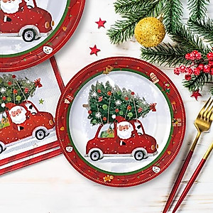 Homlouue 200 Pcs Christmas Paper Plates and Napkins, Santa Claus Car Red and White Plates and Napkins Disposable, Christmas Dinner Serves 50 Guests, Party Table Decorations