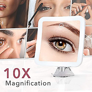 Fancii Rechargeable 10x Magnifying Mirror with 3 LED Light Settings, Dimmable Touch Light, Cordless, Locking Suction Mount, Lighted Mirror for Bathroom or Travel (Mira 2)