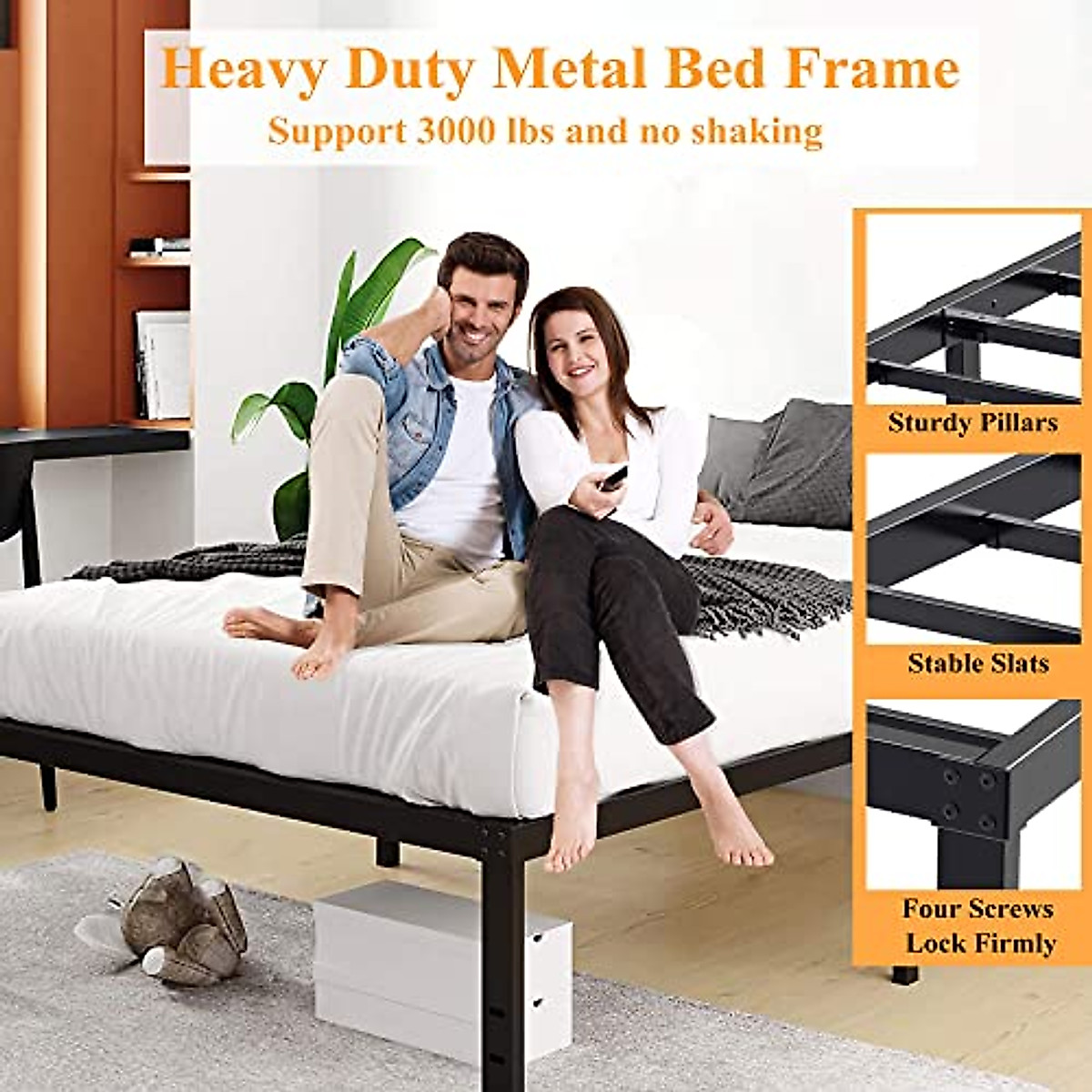 HISKIWUU Twin XL Bed Frame Heavy Duty 3000lbs 14 Inches,XL Twin Bed Frame Easy to Assemble Anti-Slip Noise Free,Bed Frame Twin XL No Box Spring Needed,Under Bed Storage,Black