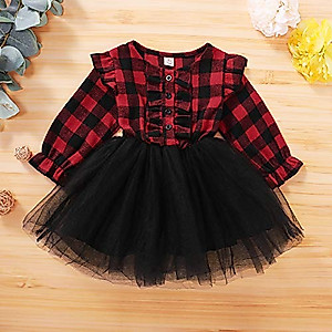 Toddler Baby Girls Christmas Outfit Buffalo Plaid Ruffle Long Sleeve Shirt Tutu Skirt Dress Clothes (4-5T,Black and red Plaid)