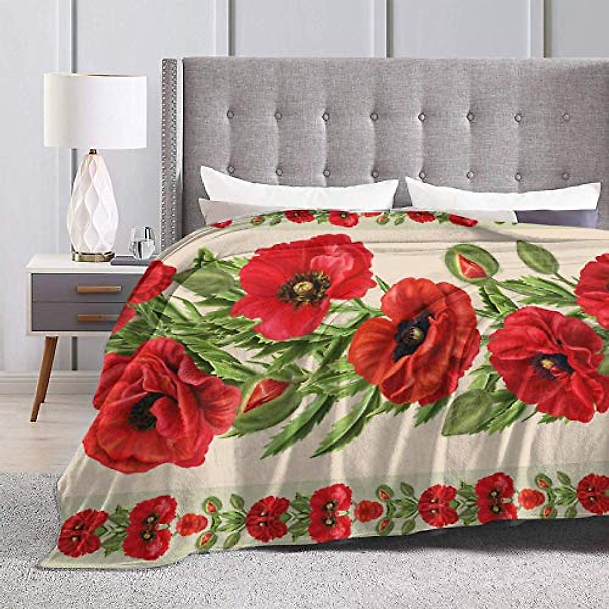 Red Flower Soft Throw Blanket All Season Microplush Warm Blankets Lightweight Tufted Fuzzy Flannel Fleece Throws Blanket for Bed Sofa Couch 50"x40"
