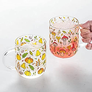 Mushroom Glass Mug with Gold Spoon Aesthetic Glass Cup with Cute Mushroom Patterns Mushroom Coffee Milk Mug Tea Cup Breakfast Drinking Mushroom Stuff (with Spoon)